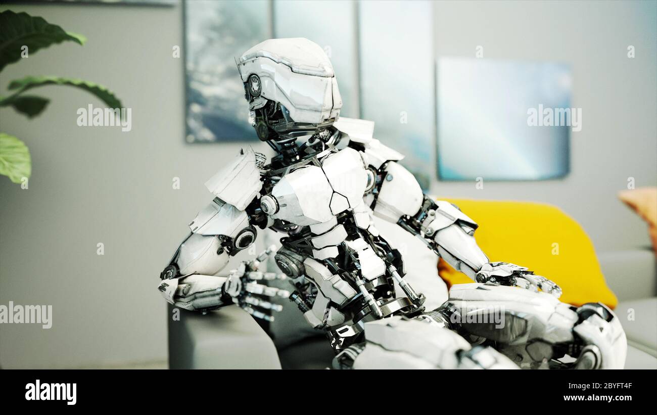 Robot sit on sofa. Relax. Concept of future. 3d rendering Stock Photo ...