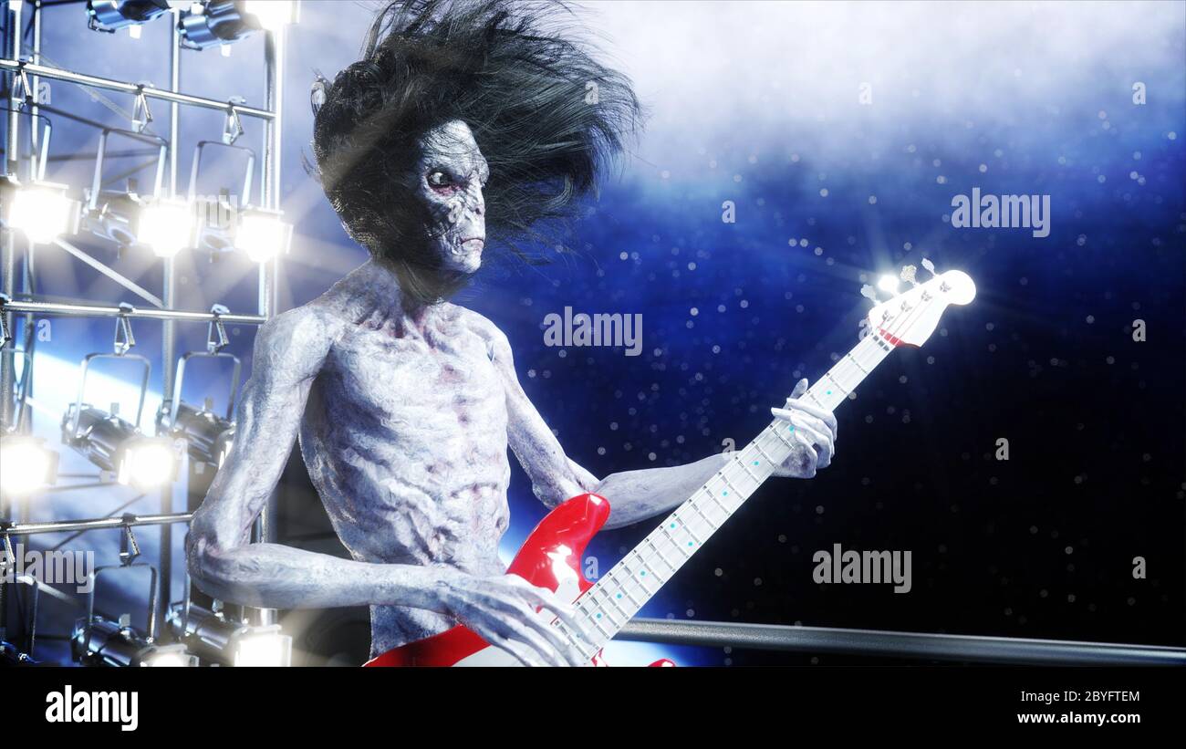 Alien rock party on space ship. Concert. Guitar, bass and drum play ...