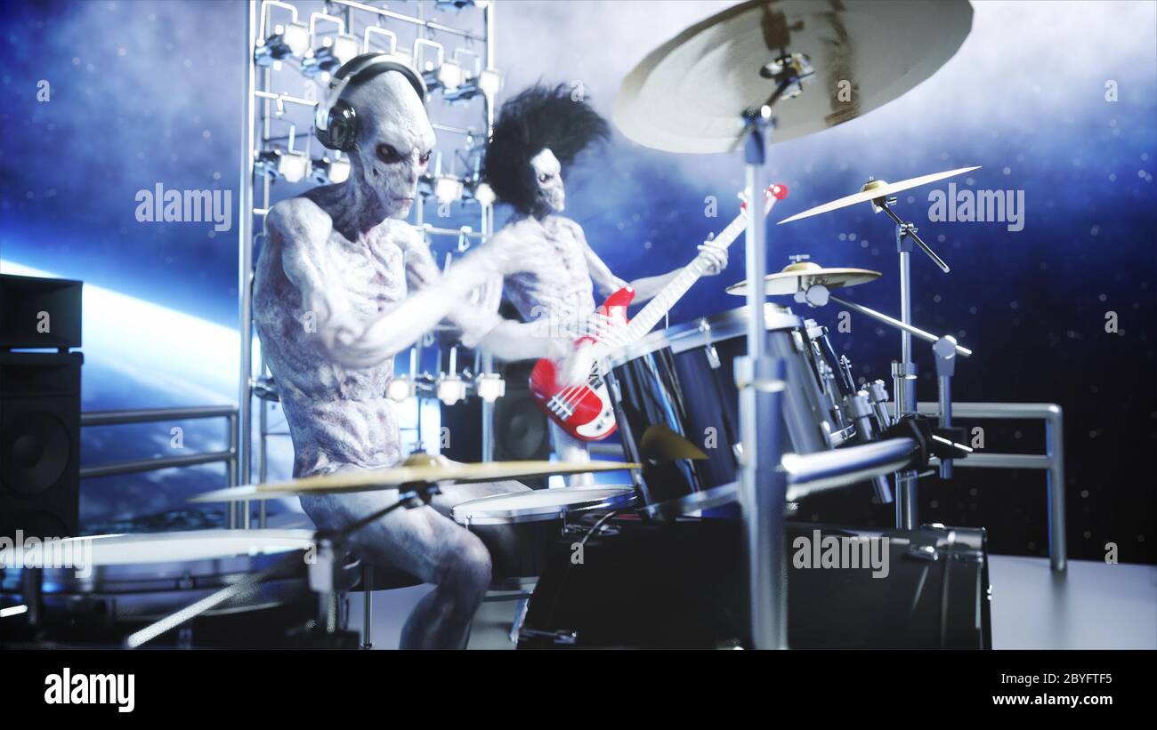 Alien rock party on space ship. Concert. Guitar, bass and drum play ...