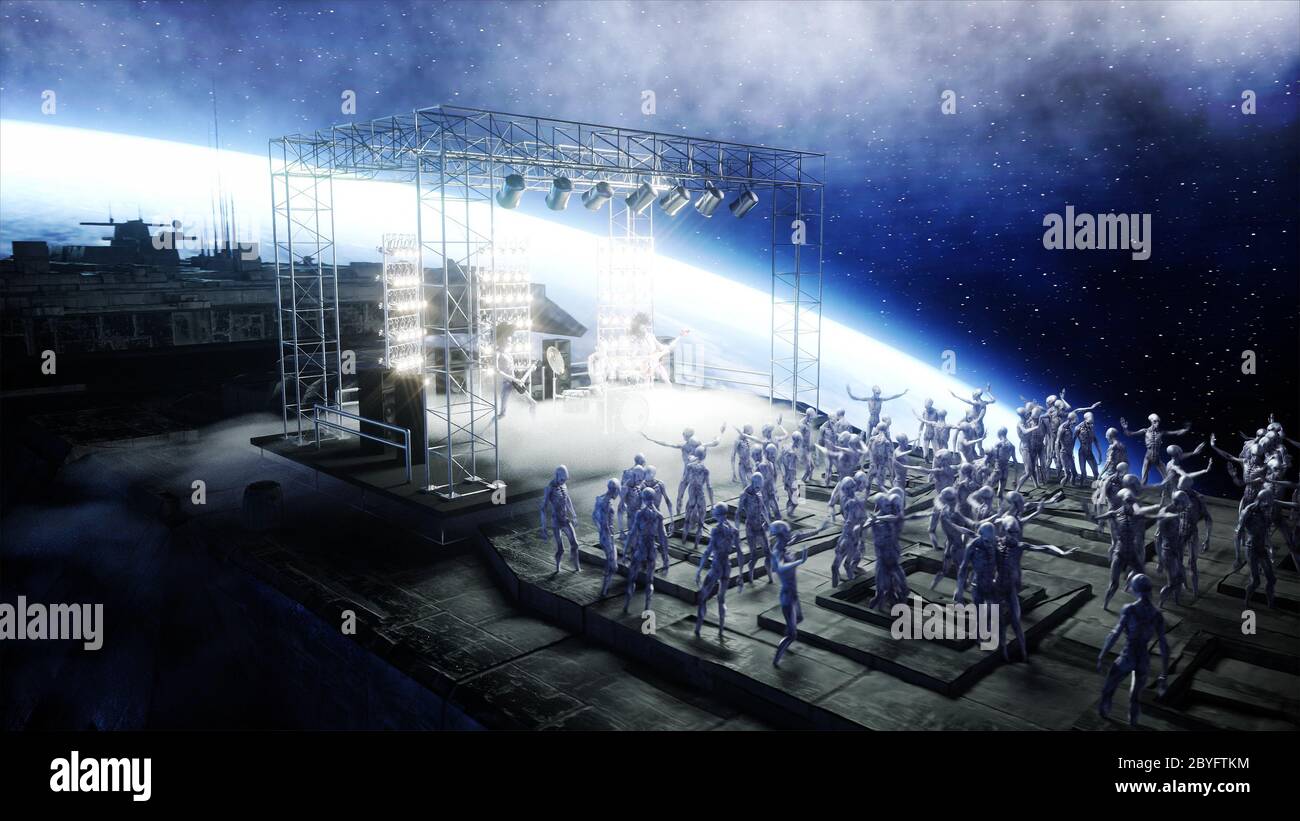 Alien rock party on space ship. Concert. Guitar, bass and drum play ...