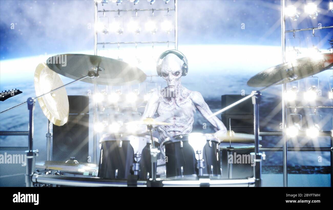 Alien rock party on space ship. Concert. Guitar, bass and drum play ...