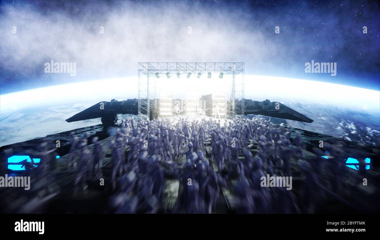 Alien rock party on space ship. Concert. Guitar, bass and drum play ...