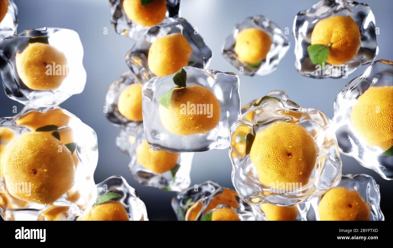 Orange in ice cubes. Food and broadcast concept. Realistic ice ...