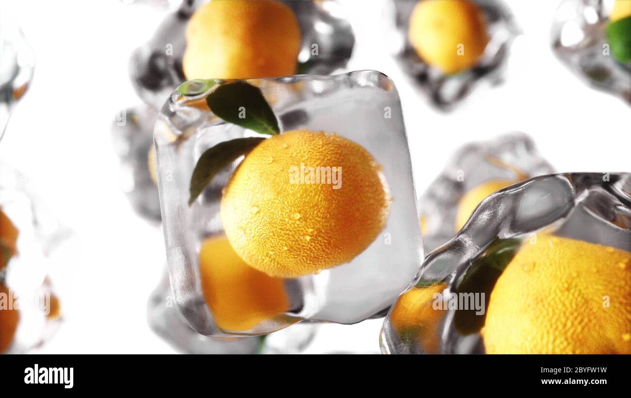 Orange in ice cubes. Food and broadcast concept. Realistic ice ...