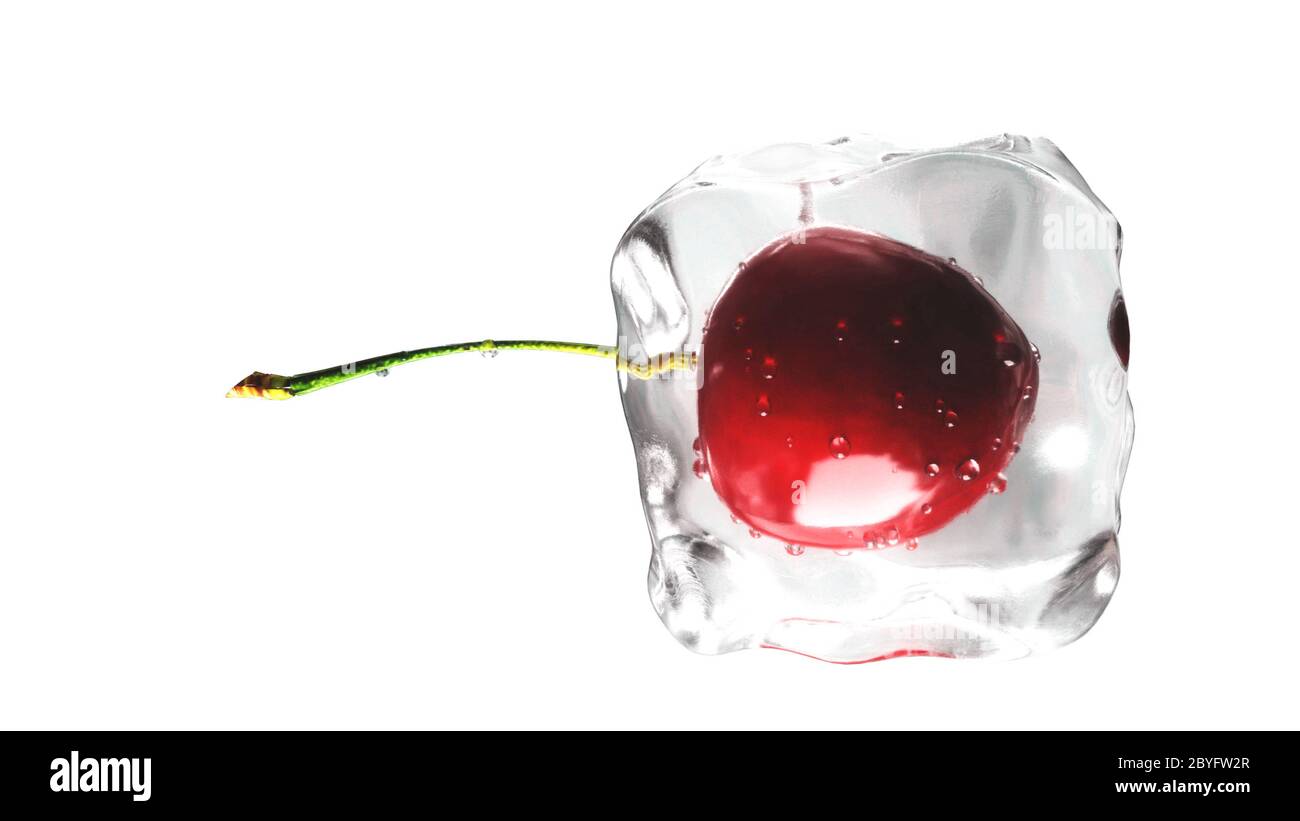 Cherry in ice cubes. Food and broadcast concept. Realistic ice ...