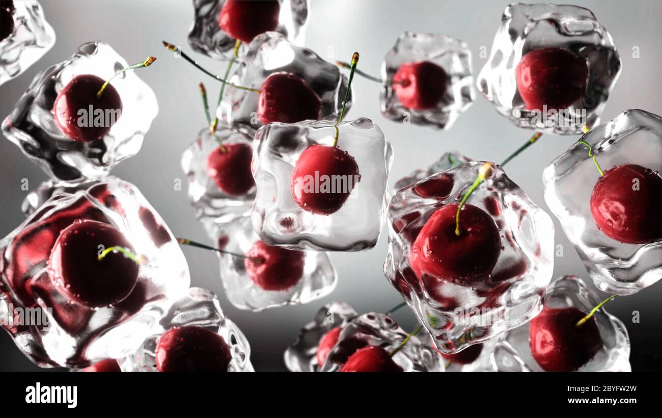 Cherry in ice cubes. Food and broadcast concept. Realistic ice ...