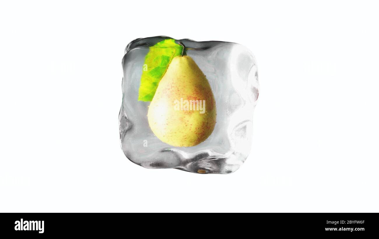 Pear in ice cubes. Food and broadcast concept. Realistic ice materials ...