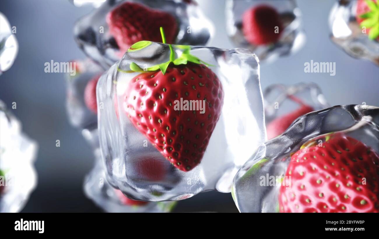 Strawberry in ice cubes. Food and broadcast concept. Realistic ice ...