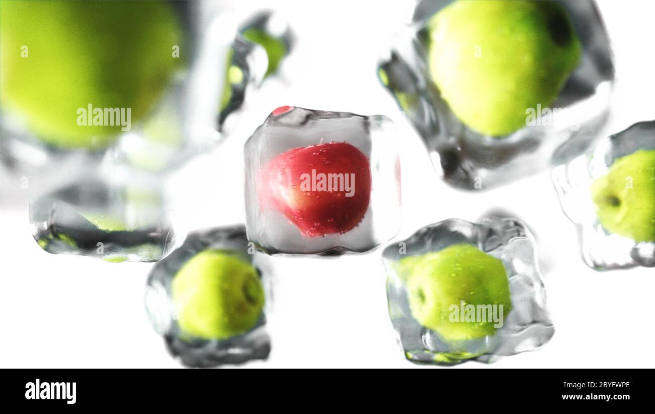Apples in ice cubes. Food and broadcast concept. Realistic ice ...