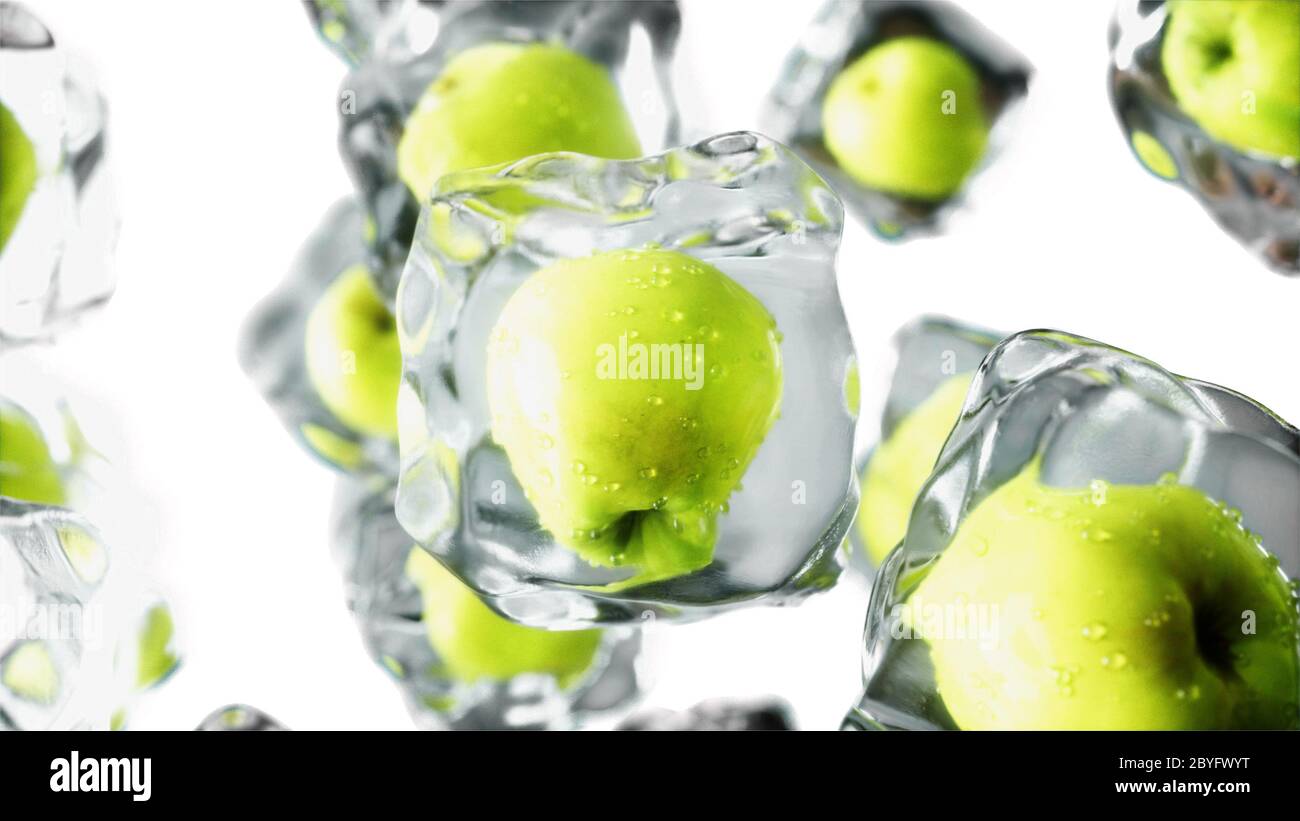 Apples in ice cubes. Food and broadcast concept. Realistic ice ...