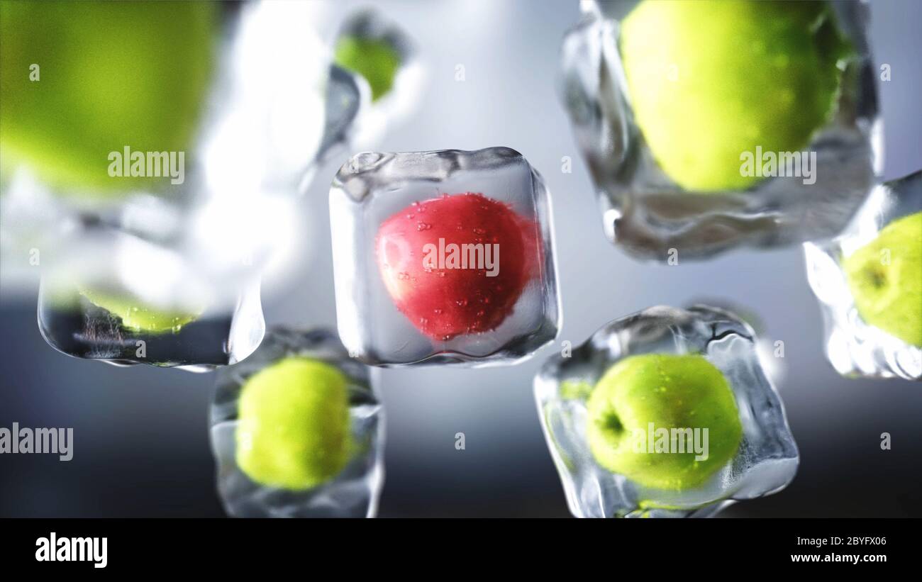 Apples in ice cubes. Food and broadcast concept. Realistic ice ...