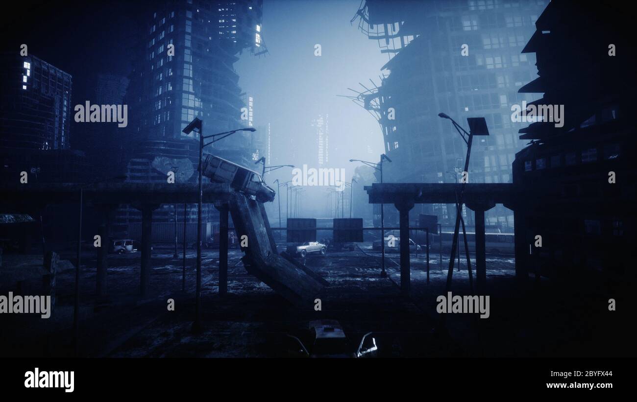 Apocalypse city in fog. Aerial View of the destroyed city. Apocalypse ...