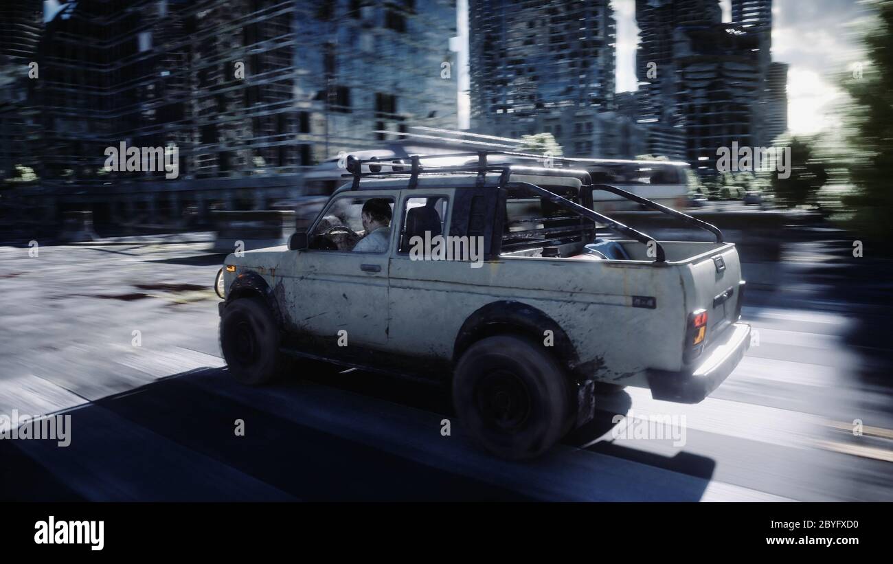 an old car rides in a ruined city. Apocalypse concept. 3d rendering ...