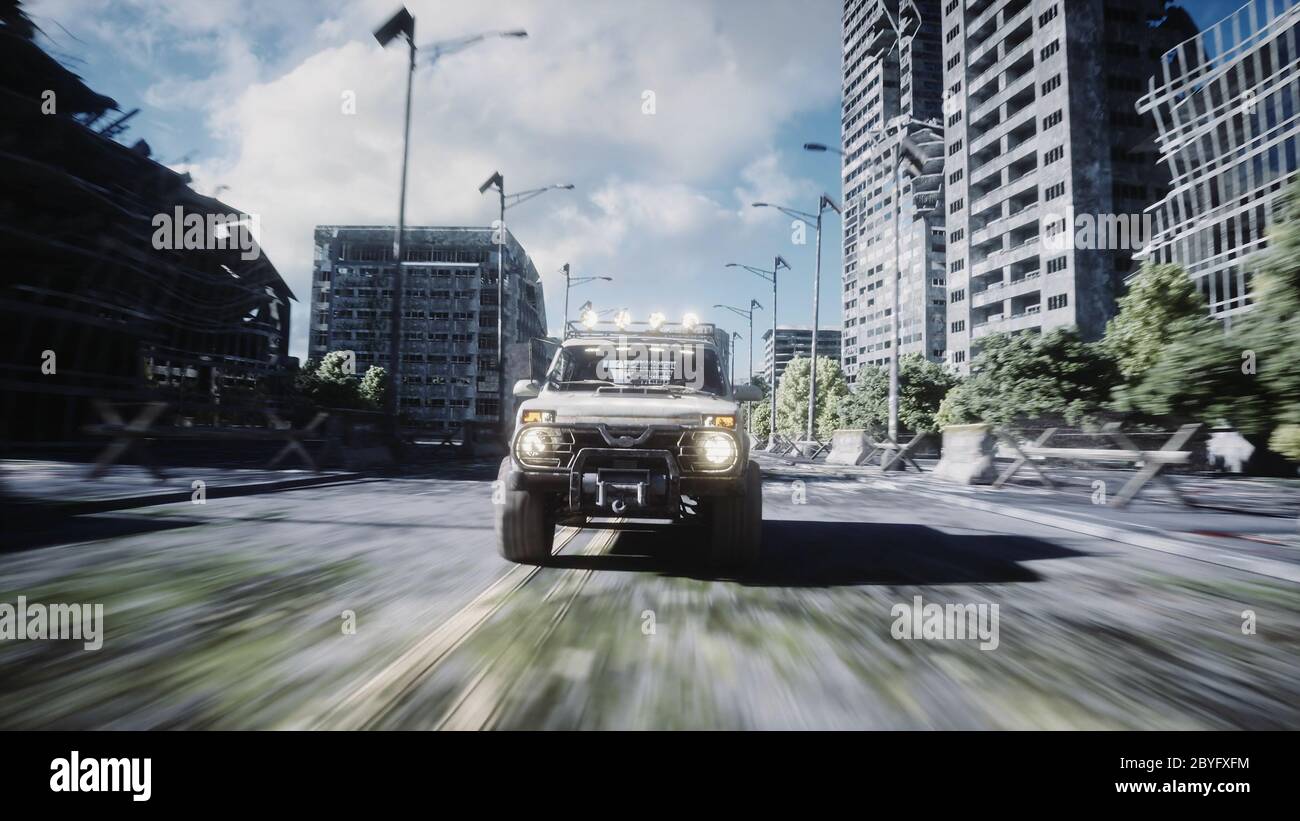 an old car rides in a ruined city. Apocalypse concept. 3d rendering ...