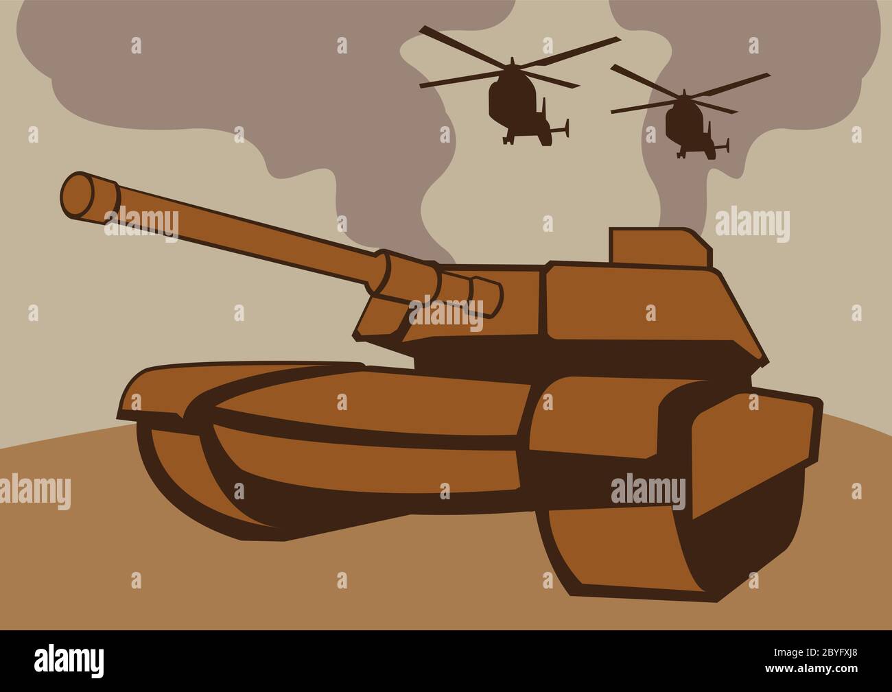 A war scene with tanks and helicopters. Vector illustration Stock ...