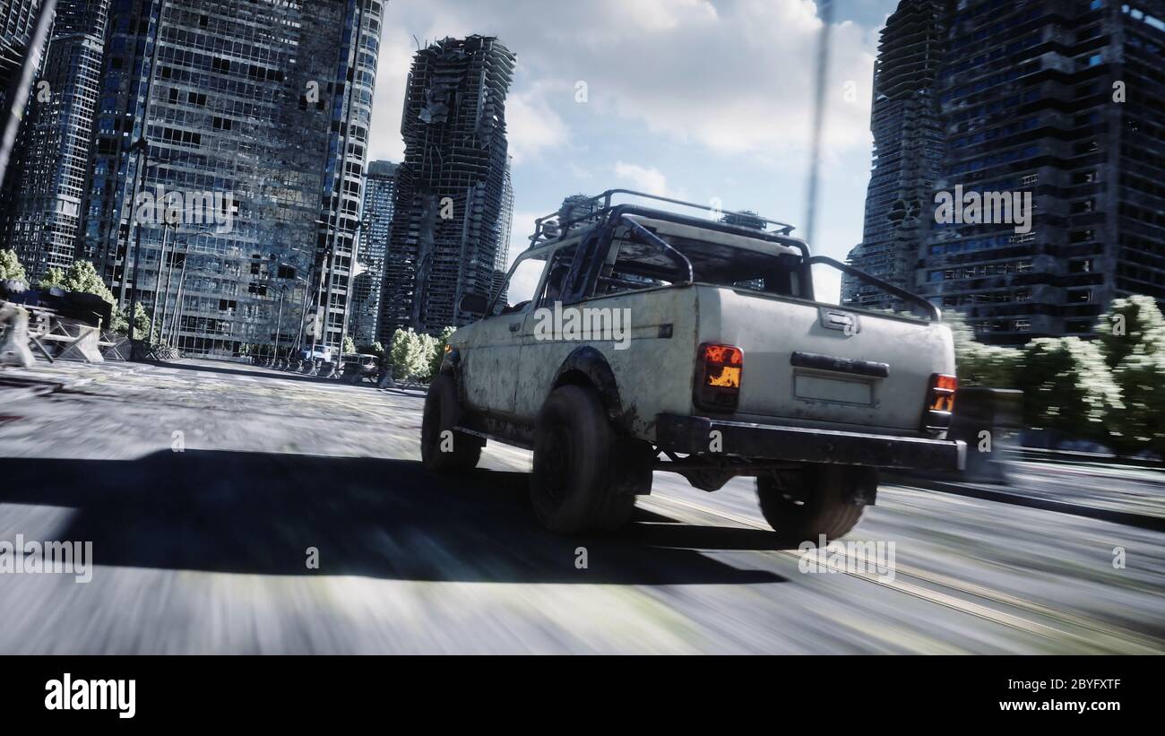 an old car rides in a ruined city. Apocalypse concept. 3d rendering ...