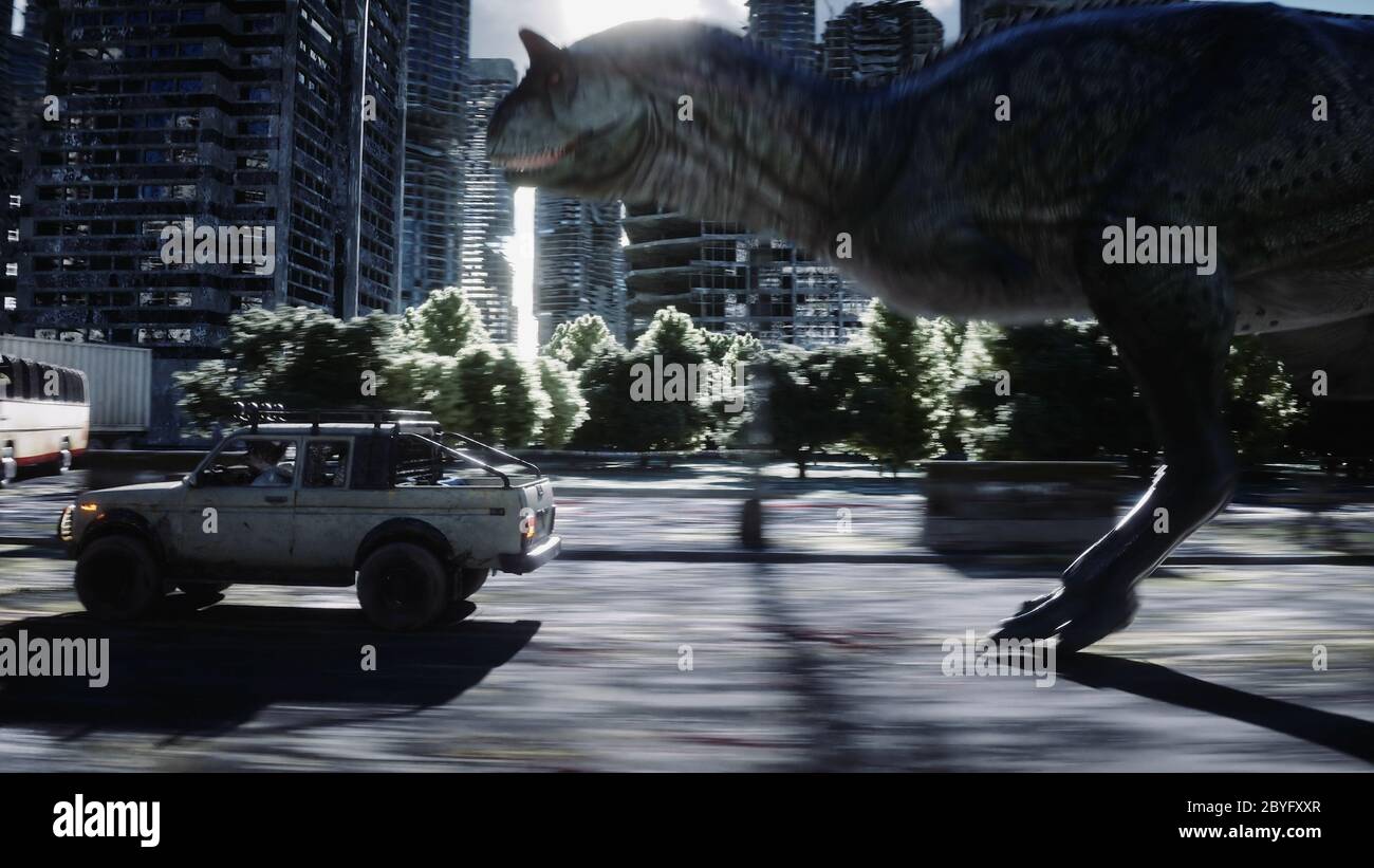 dinosaur rex running behind the car in destroyed city. Dinosaurs ...