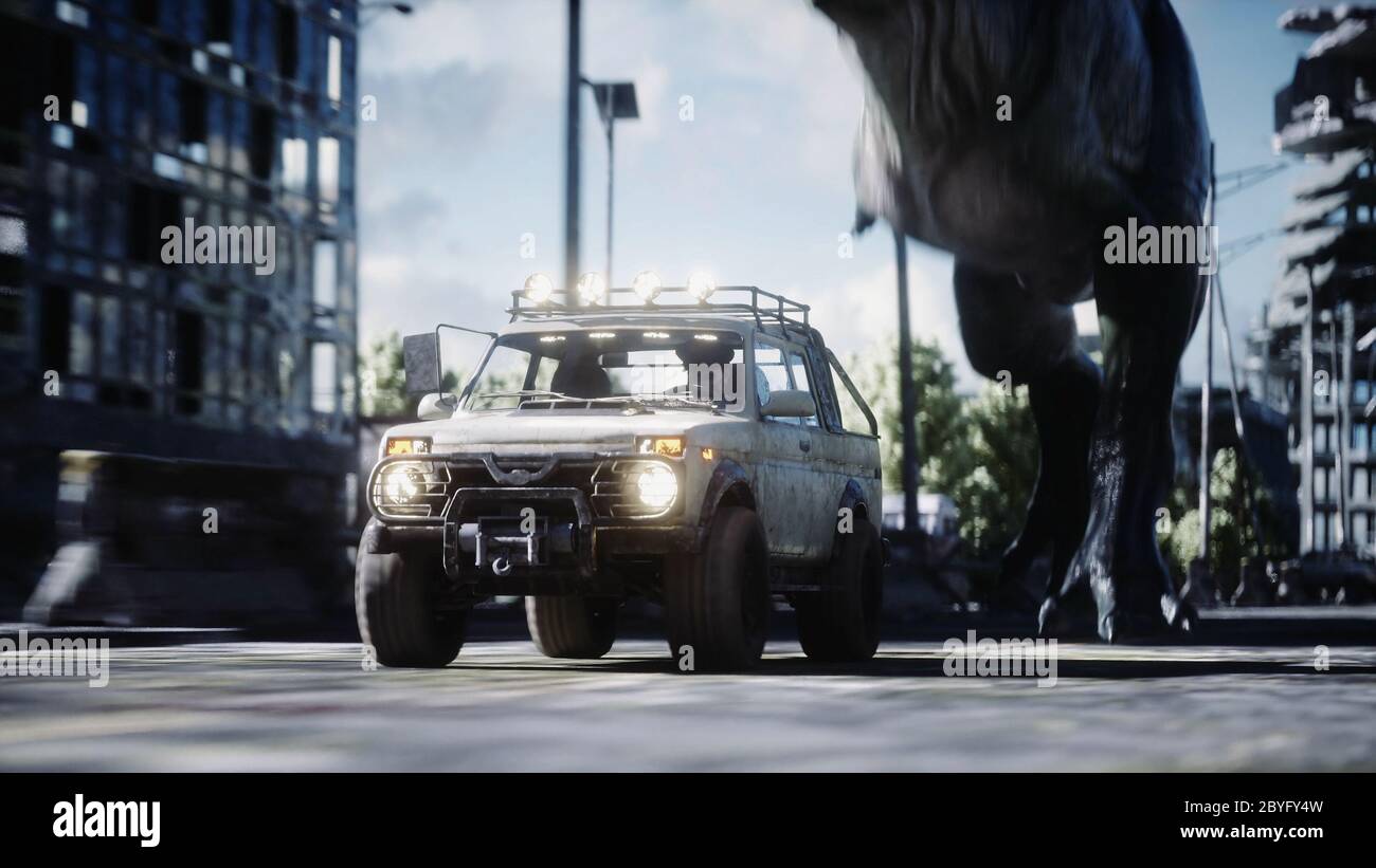 dinosaur rex running behind the car in destroyed city. Dinosaurs ...