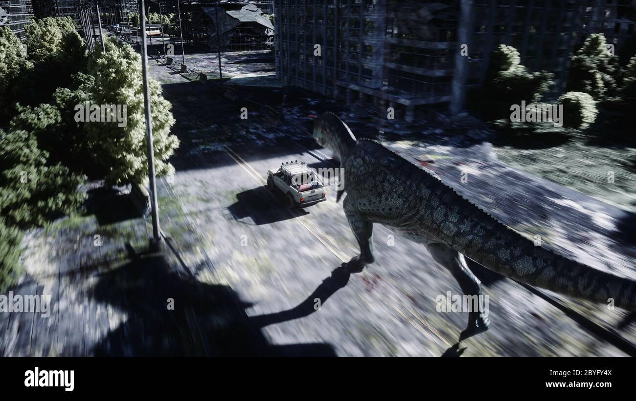 dinosaur rex running behind the car in destroyed city. Dinosaurs ...