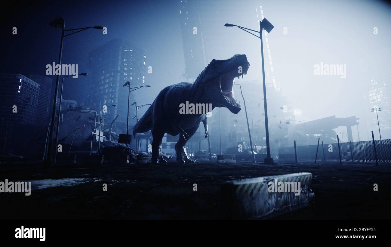 terrible dinosaur trex in the night destroyed city. Apocalypse concept ...