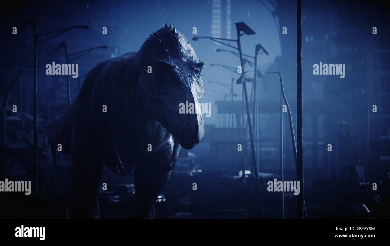 terrible dinosaur trex in the night destroyed city. Apocalypse concept ...