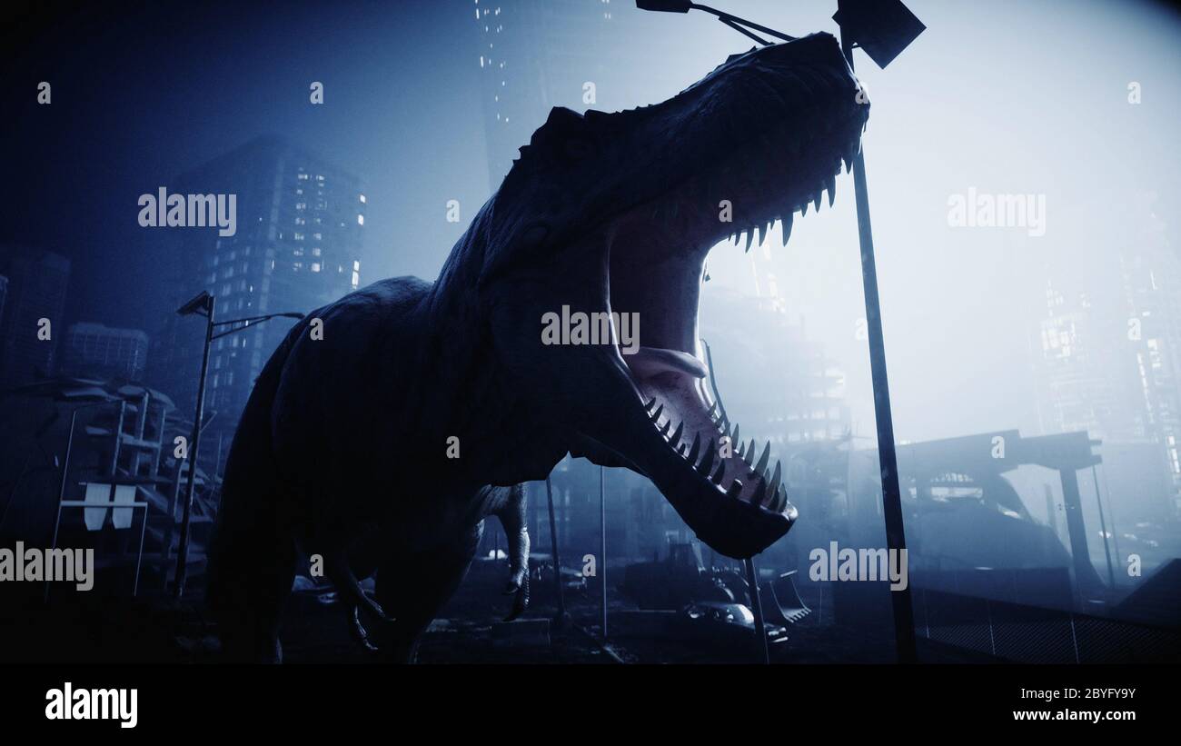 terrible dinosaur trex in the night destroyed city. Apocalypse concept ...