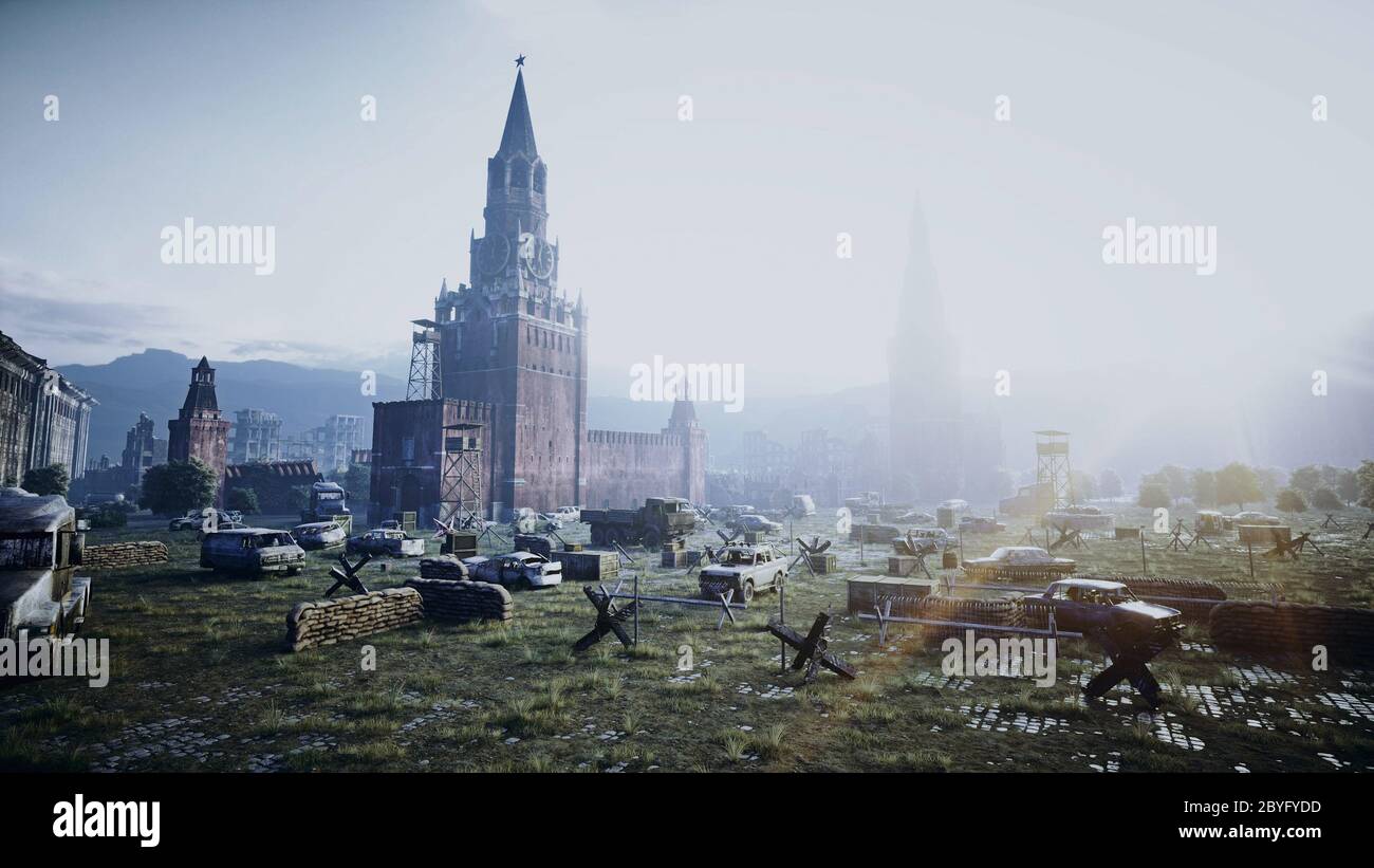 Apocalypse of Russia. Aerial View of the destroyed Moscow city, red ...