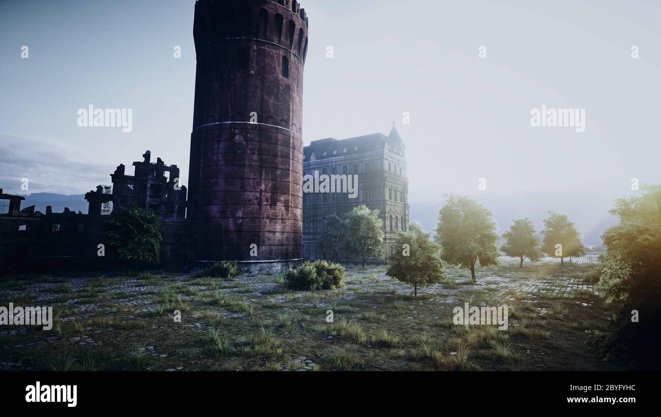 Apocalypse of Russia. Aerial View of the destroyed Moscow city, red ...
