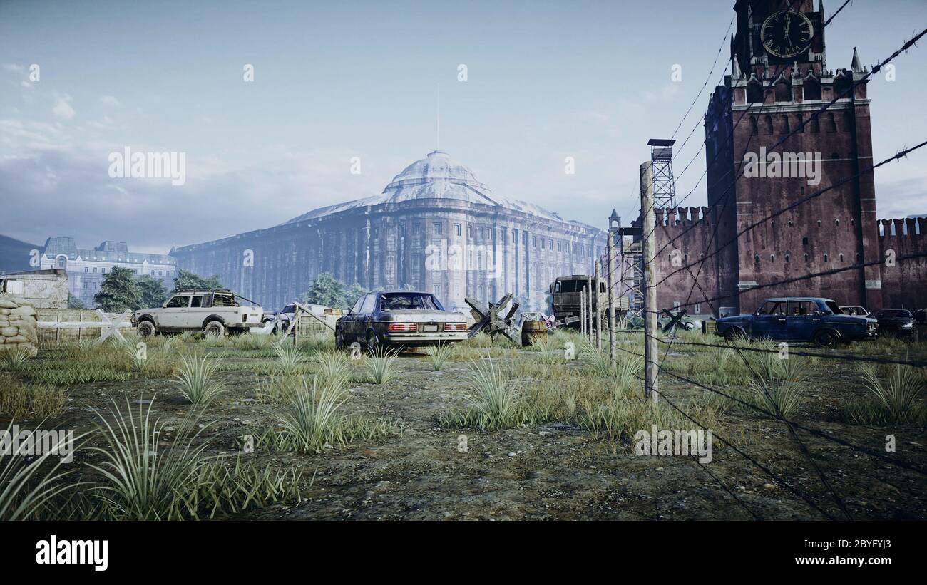 Apocalypse of Russia. Aerial View of the destroyed Moscow city, red ...