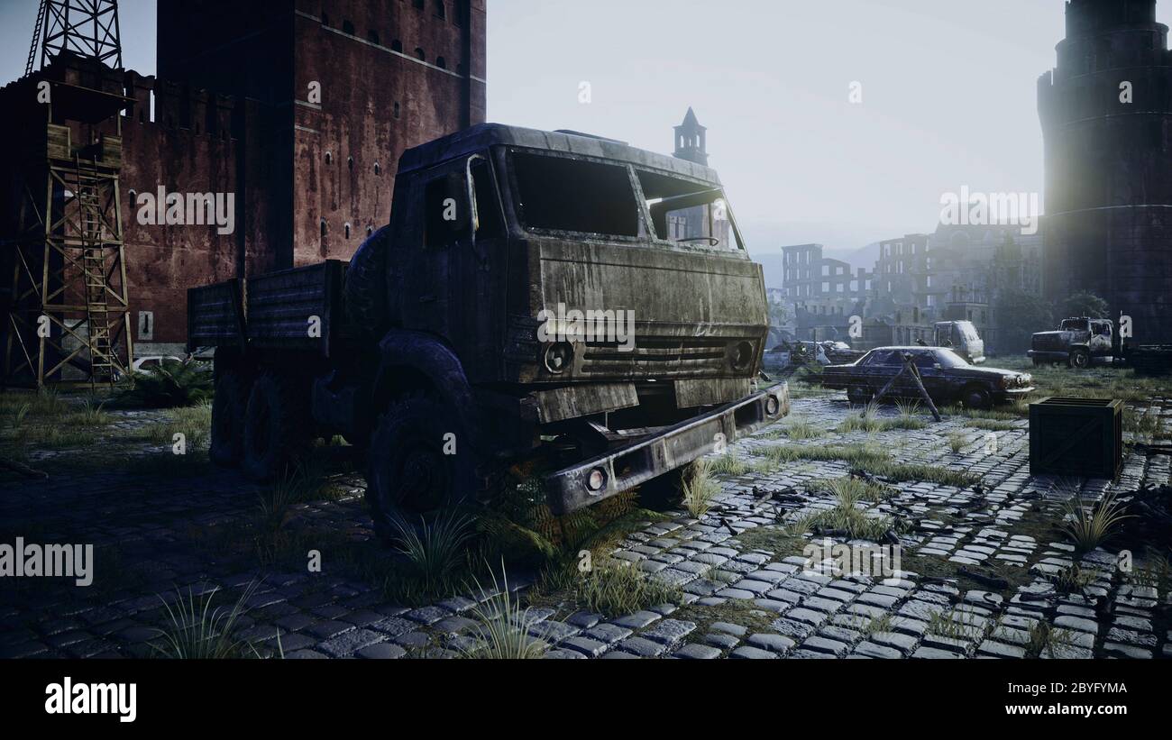 Apocalypse of Russia. Aerial View of the destroyed Moscow city, red ...