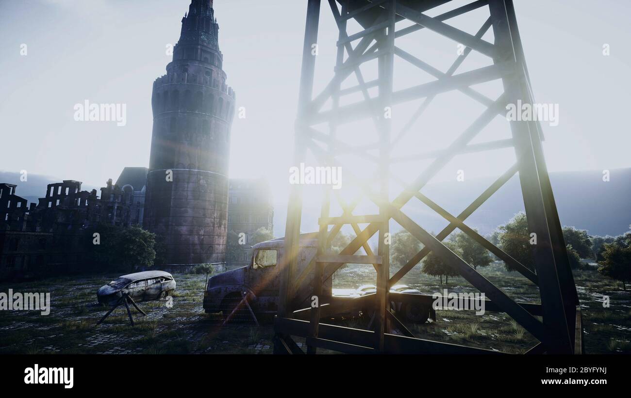 Apocalypse of Russia. Aerial View of the destroyed Moscow city, red ...