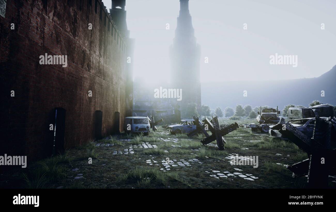 Apocalypse of Russia. Aerial View of the destroyed Moscow city, red ...