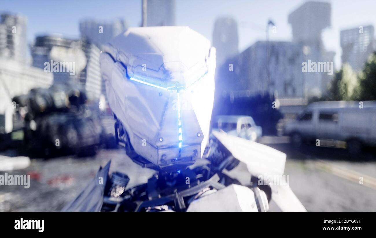 Military robot in destroyed city. Future apocalypse concept. 3d ...