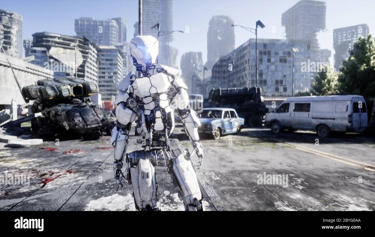 Military robot in destroyed city. Future apocalypse concept. 3d ...