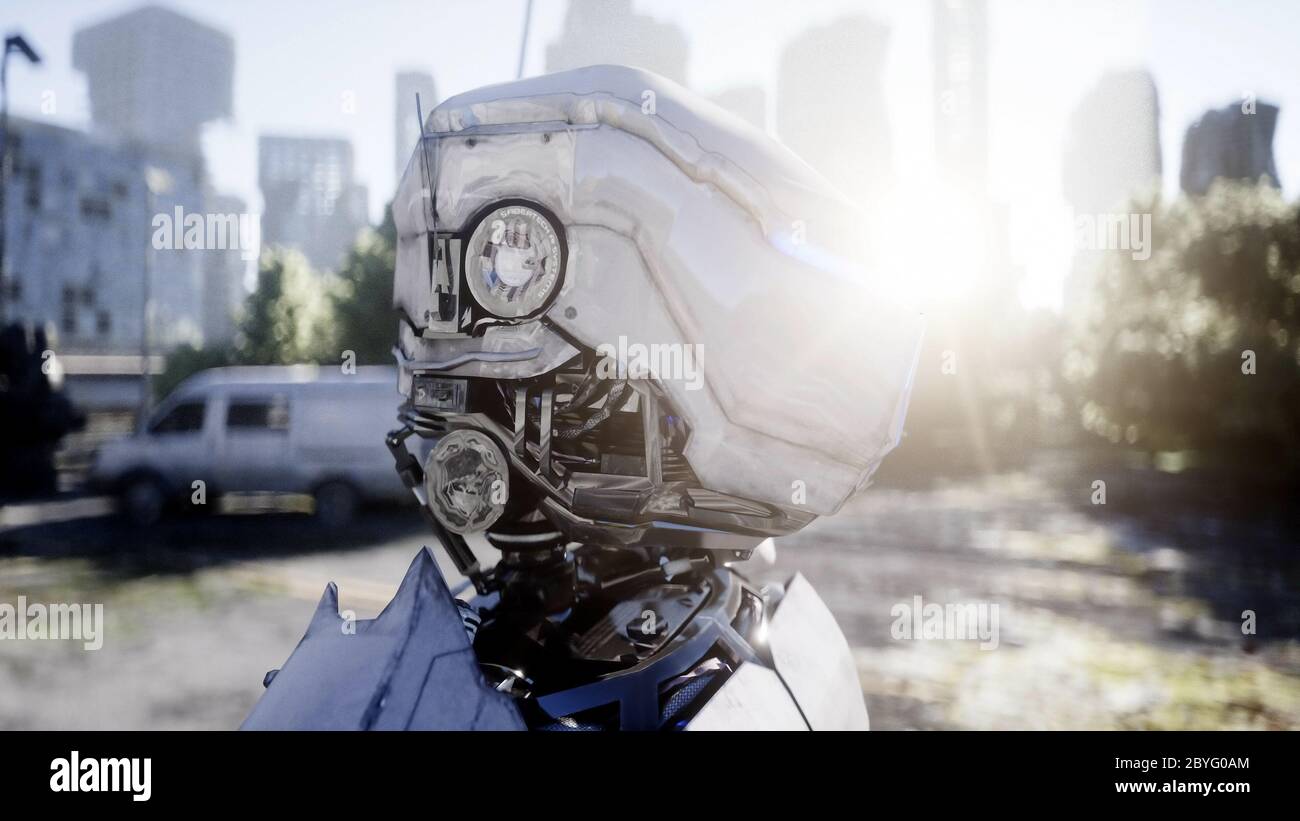 Military robot in destroyed city. Future apocalypse concept. 3d ...