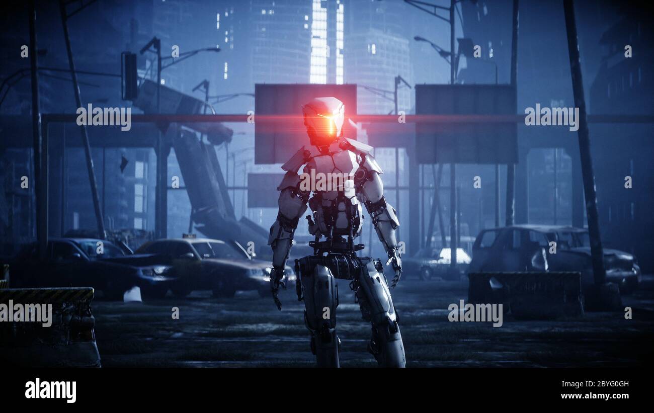 Military robot in destroyed city. Future apocalypse concept. 3d ...