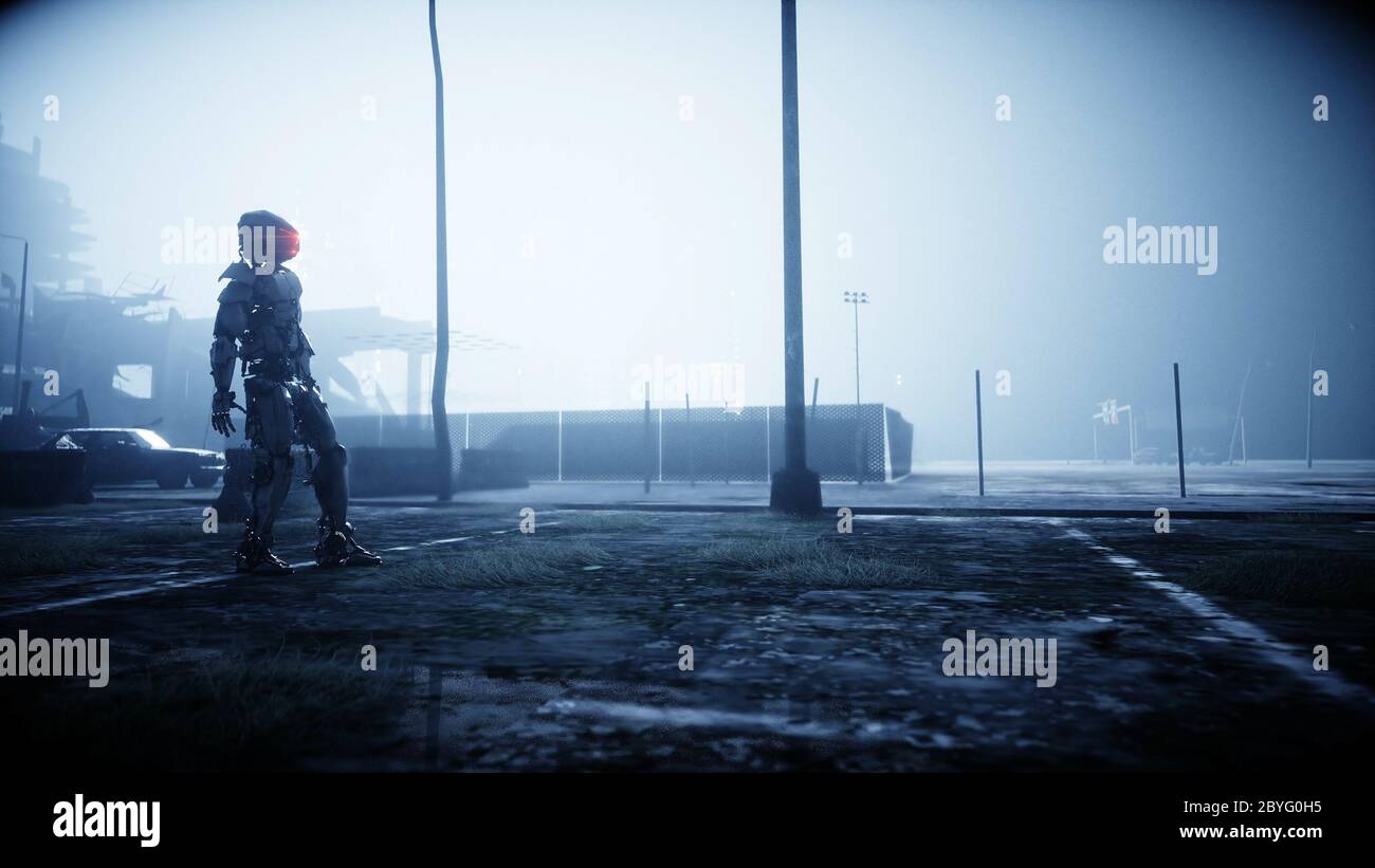 Military robot in destroyed city. Future apocalypse concept. 3d ...