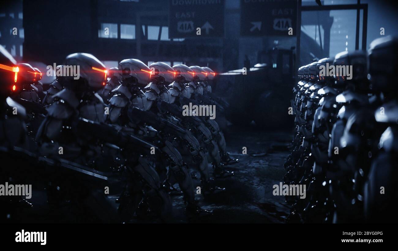 walking military robots. invasion of military robots. Dramatic ...