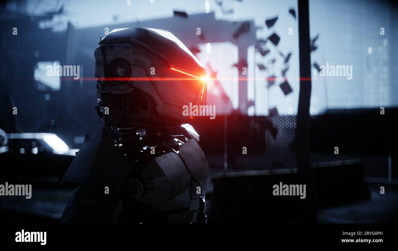 Military robot in destroyed city. Future apocalypse concept. 3d ...