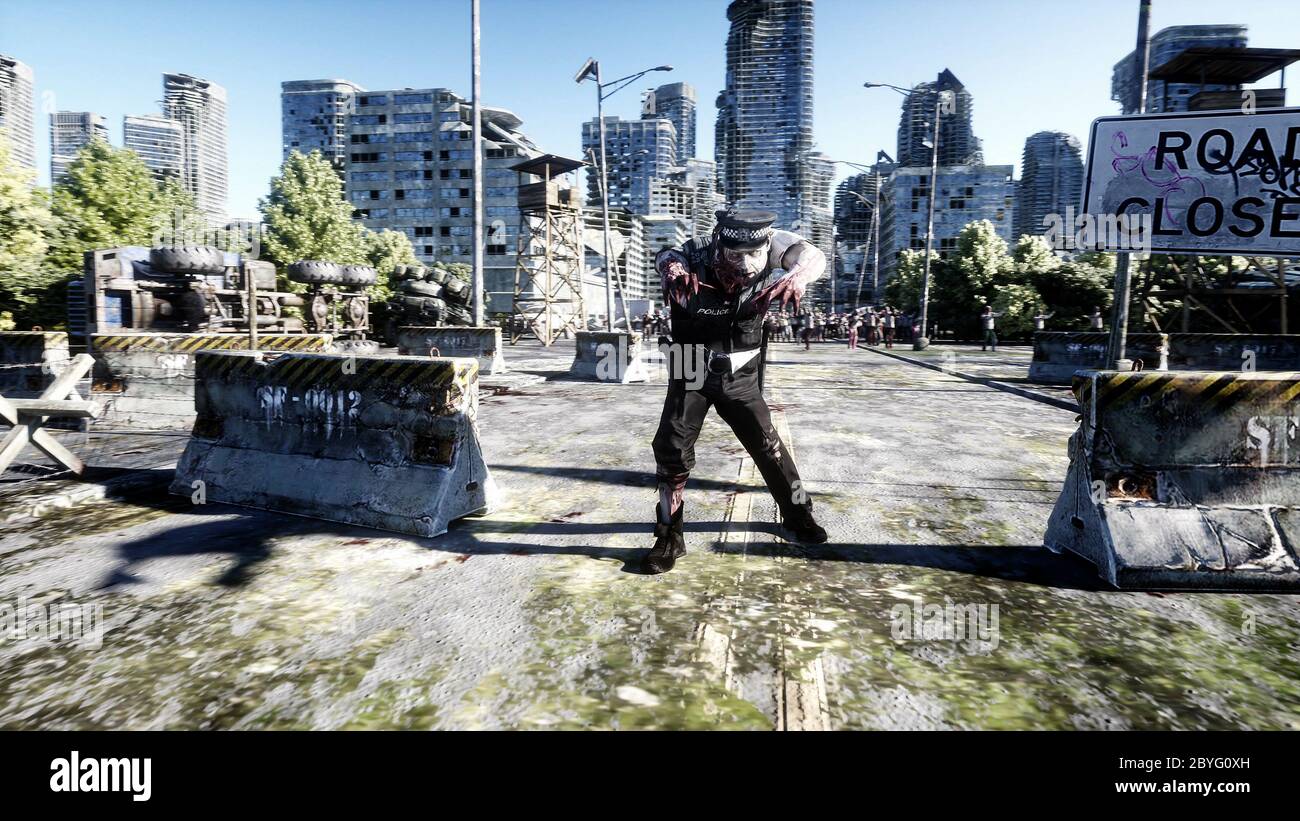 horror zombie crowd walking. Destroyed city. Apocalypse view, concept ...