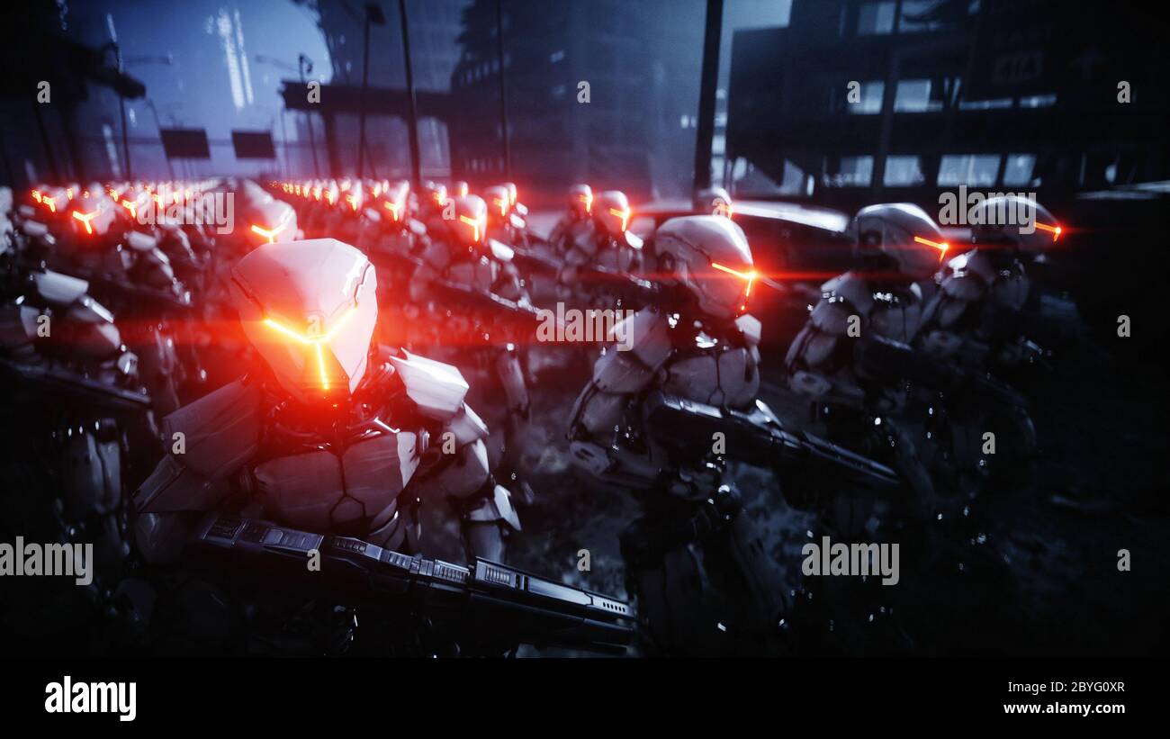 walking military robots. invasion of military robots. Dramatic ...