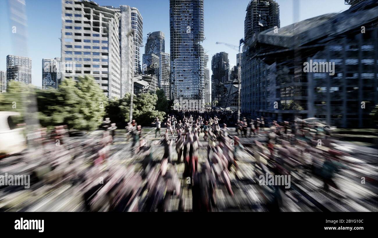 horror zombie crowd walking. Destroyed city. Apocalypse view, concept ...