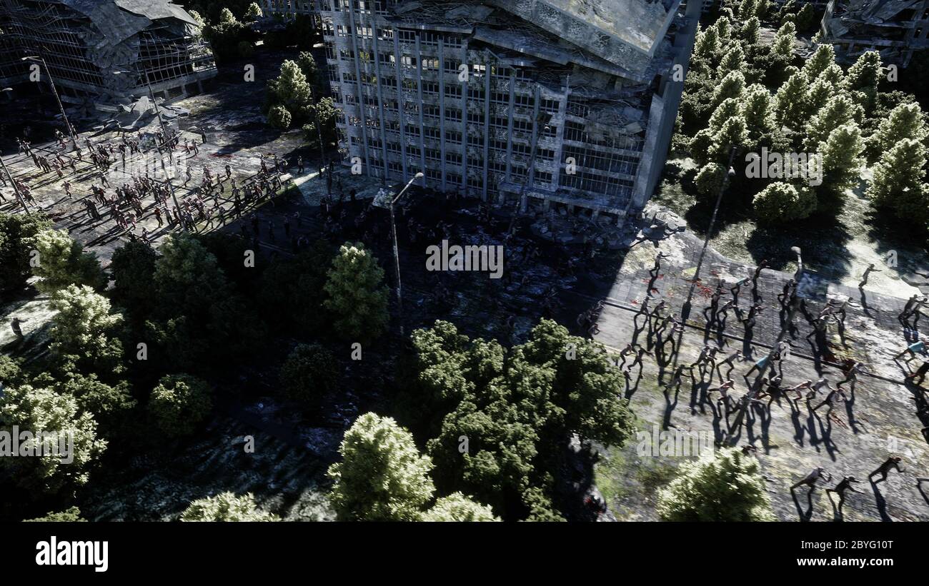 horror zombie crowd walking. Destroyed city. Apocalypse view, concept ...