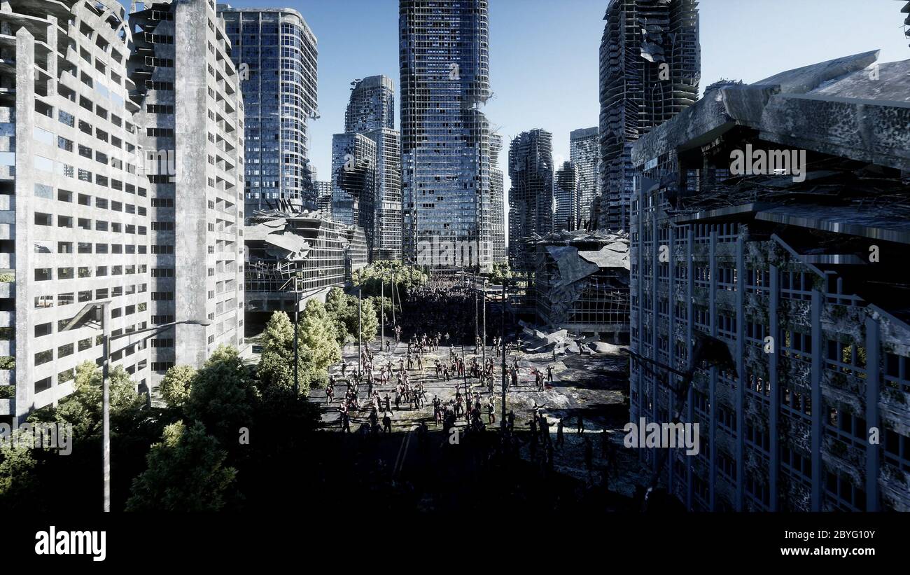 horror zombie crowd walking. Destroyed city. Apocalypse view, concept ...