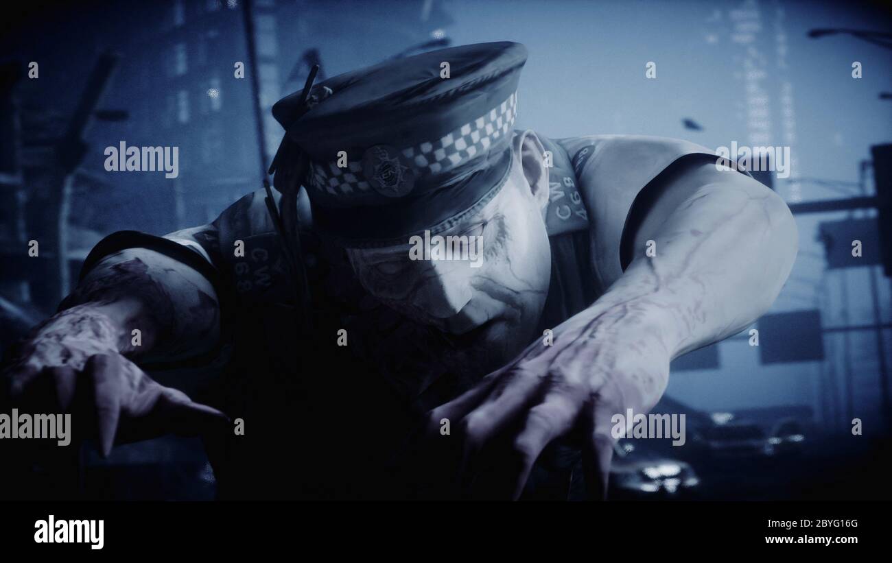 Police zombie in dark destroyed city. Fog dramatic night. Zombie ...