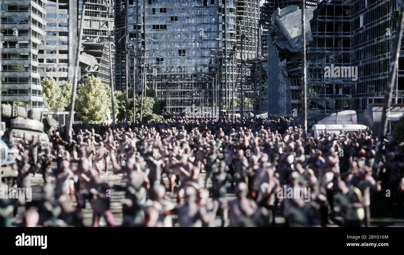 horror zombie crowd walking. Destroyed city. Apocalypse view, concept. 3d rendering Stock Photo ...