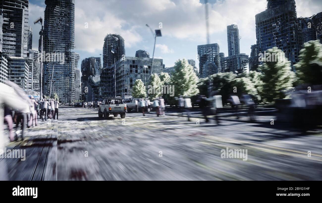 the car goes away from the chase crowd zombies. Destroyed city. Fast ...