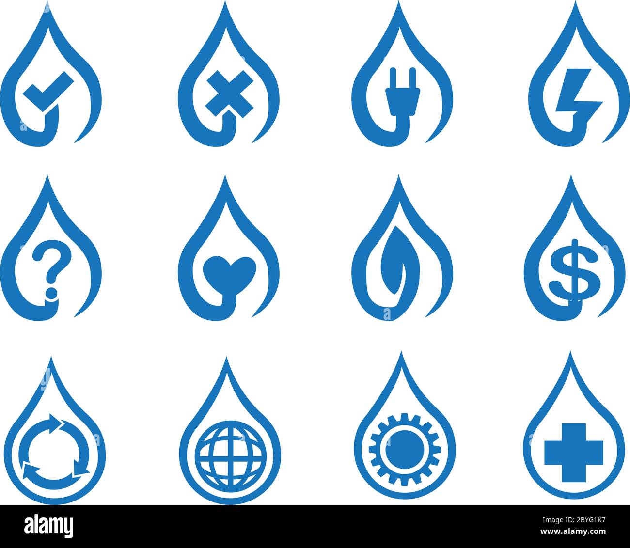 Vector illustration of conceptual symbols in water drops. Blue icon set ...
