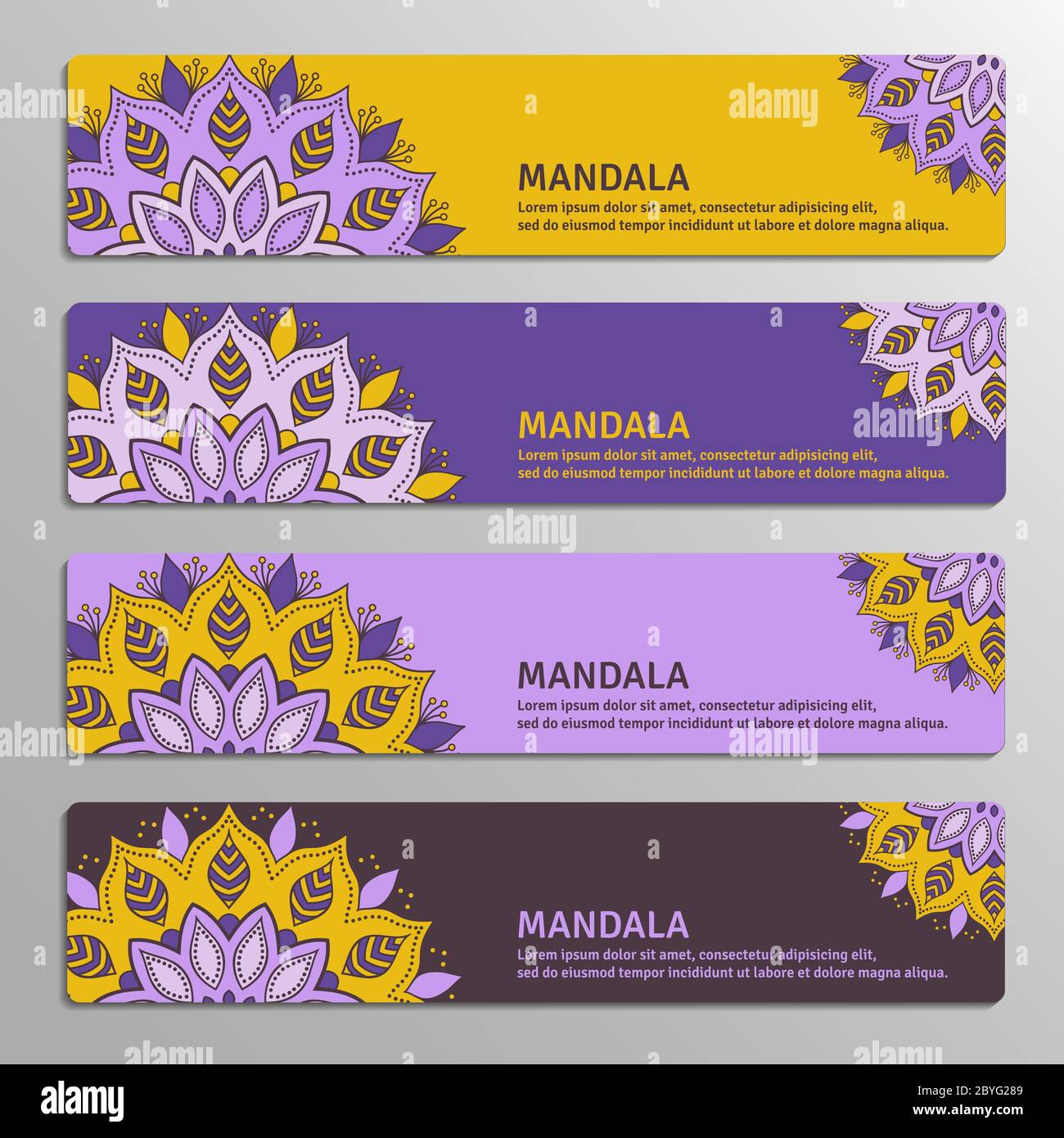Colorful set of ornamental banners with flower mandala in yellow Stock ...