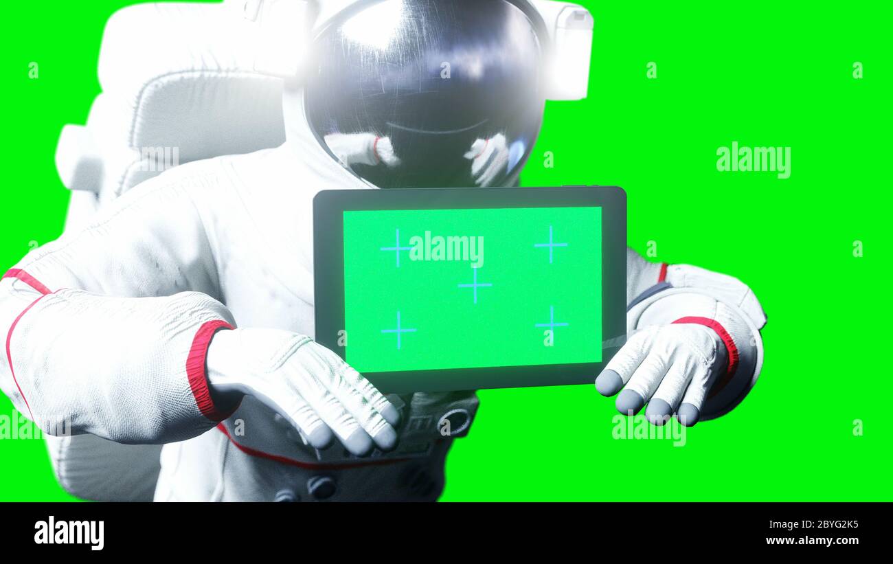 Astronaut in space with tablet, monitor. Green screen tracking footage ...